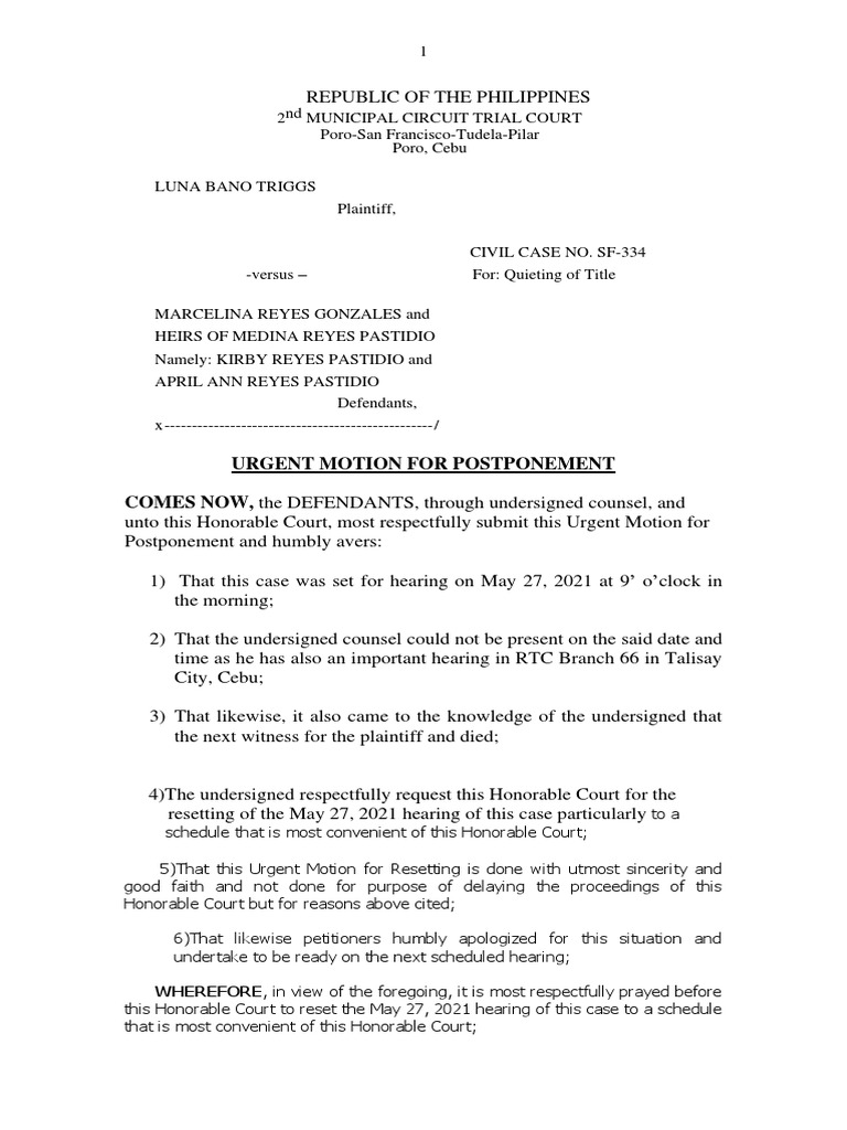 Urgent Motion to Postpone Hearing | PDF | Legal Procedure | Justice