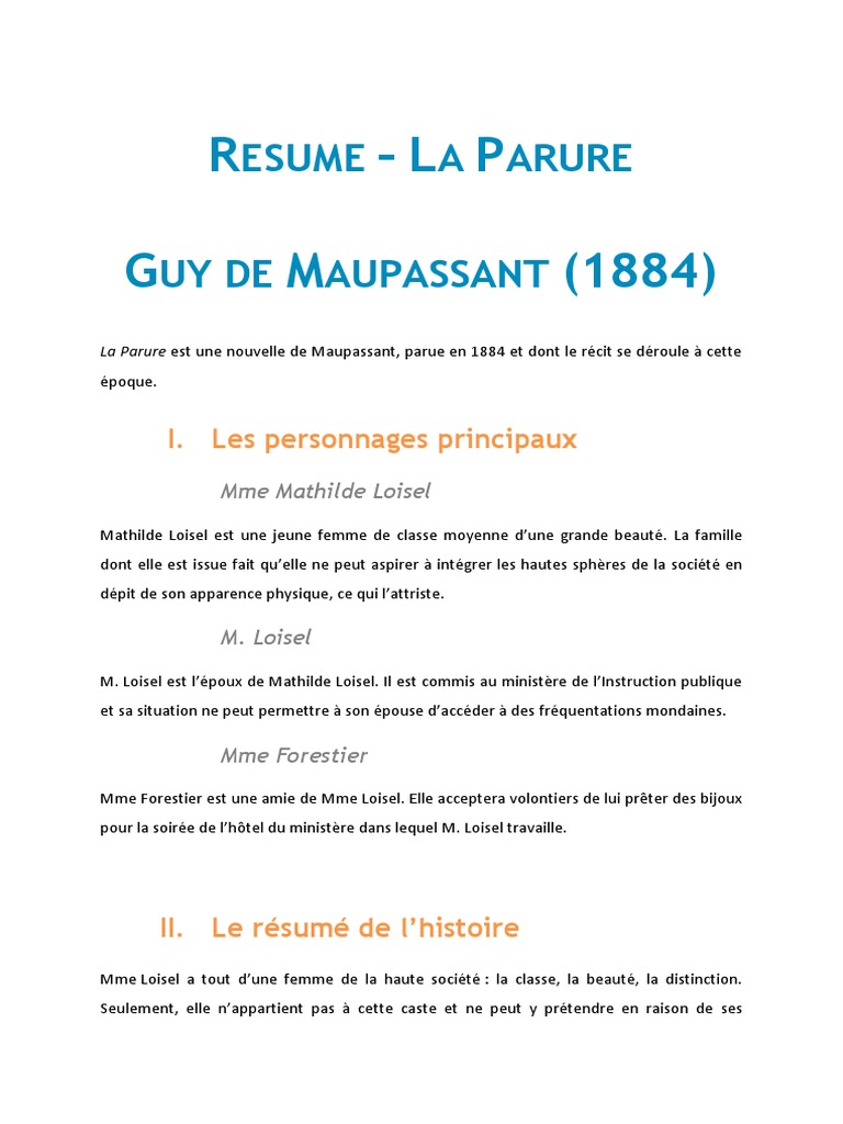 Résumé de "La Parure" de Maupassant | PDF | Bijoux | Conception