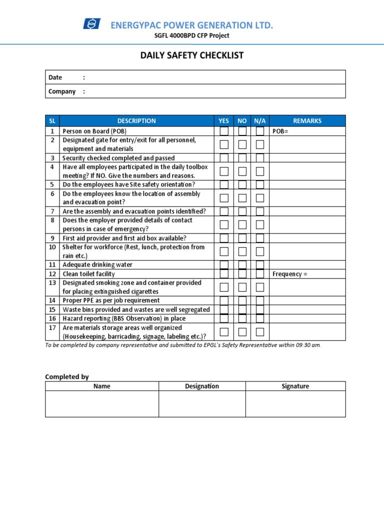 Energypac Power Generation LTD.: Daily Safety Checklist | PDF ...