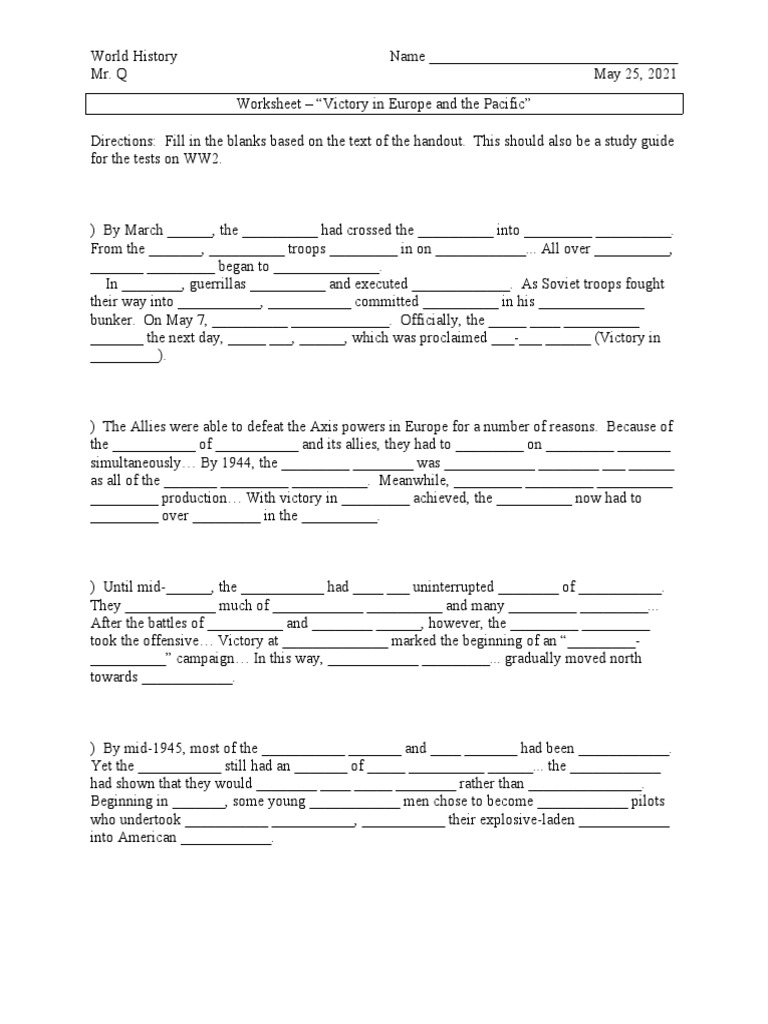 Victory in Europe and the Pacific Worksheet | PDF | World War II ...