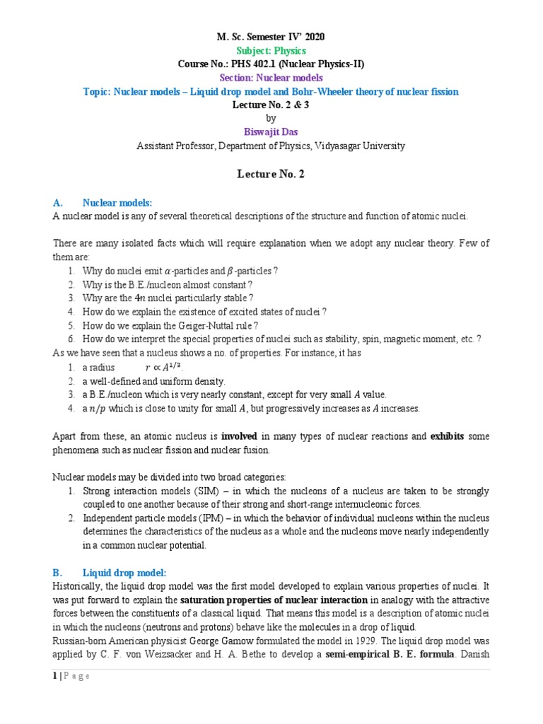 Liquid Drop Model and Bohr-Wheeler Theory of Nuclear Fission | PDF ...