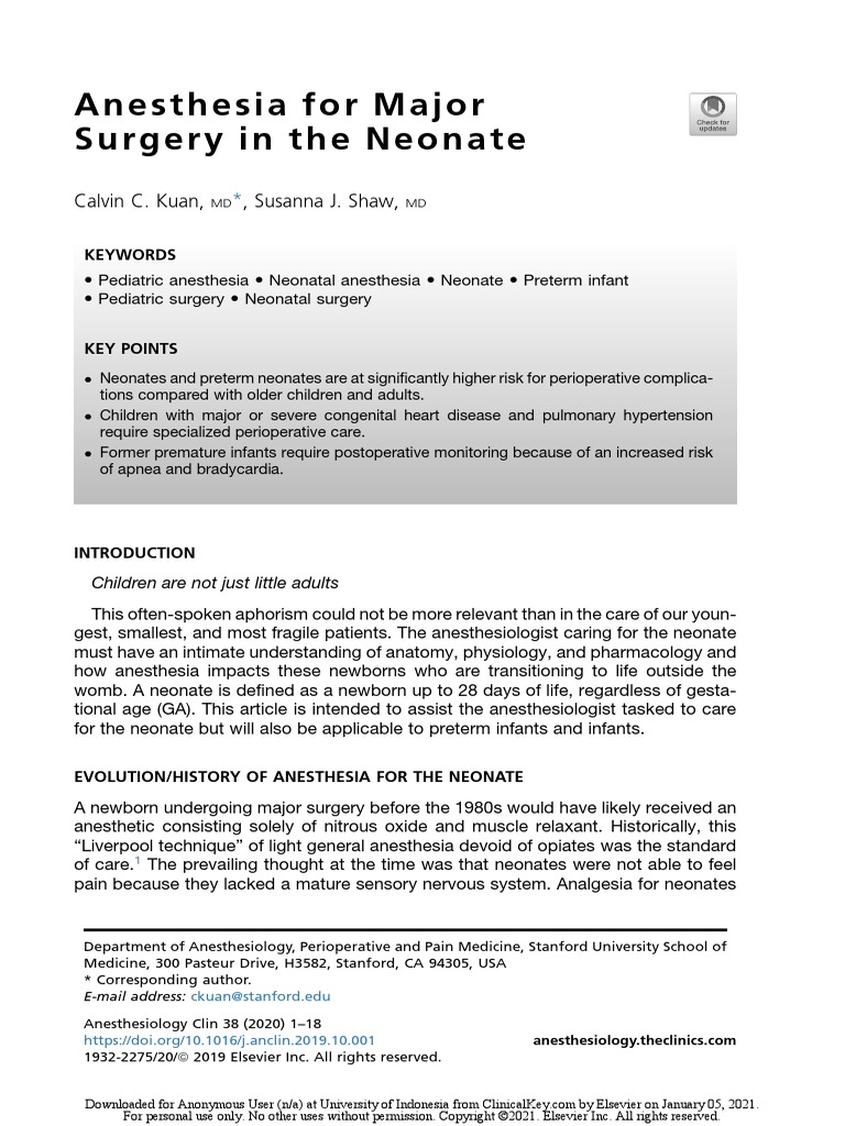 Anesthesia For Major Surgery in Neonates | PDF | Anesthesia ...