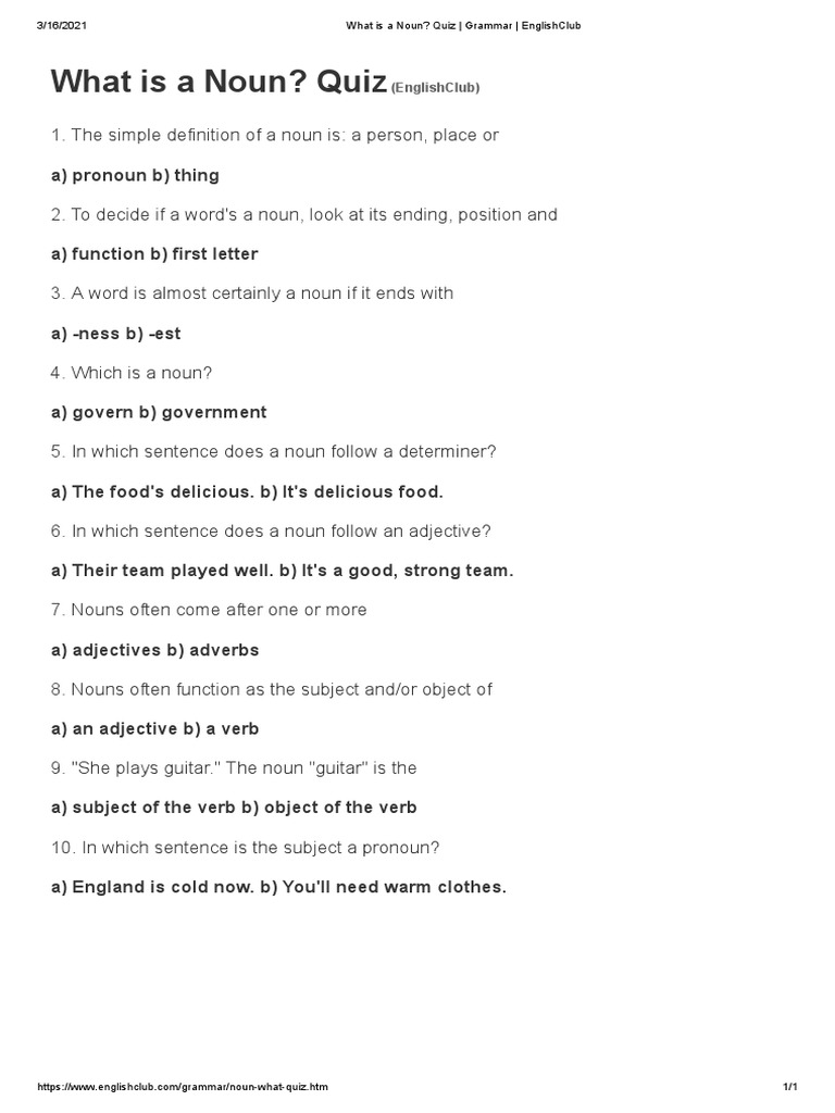 What Is A Noun - Quiz - Grammar - EnglishClub | PDF