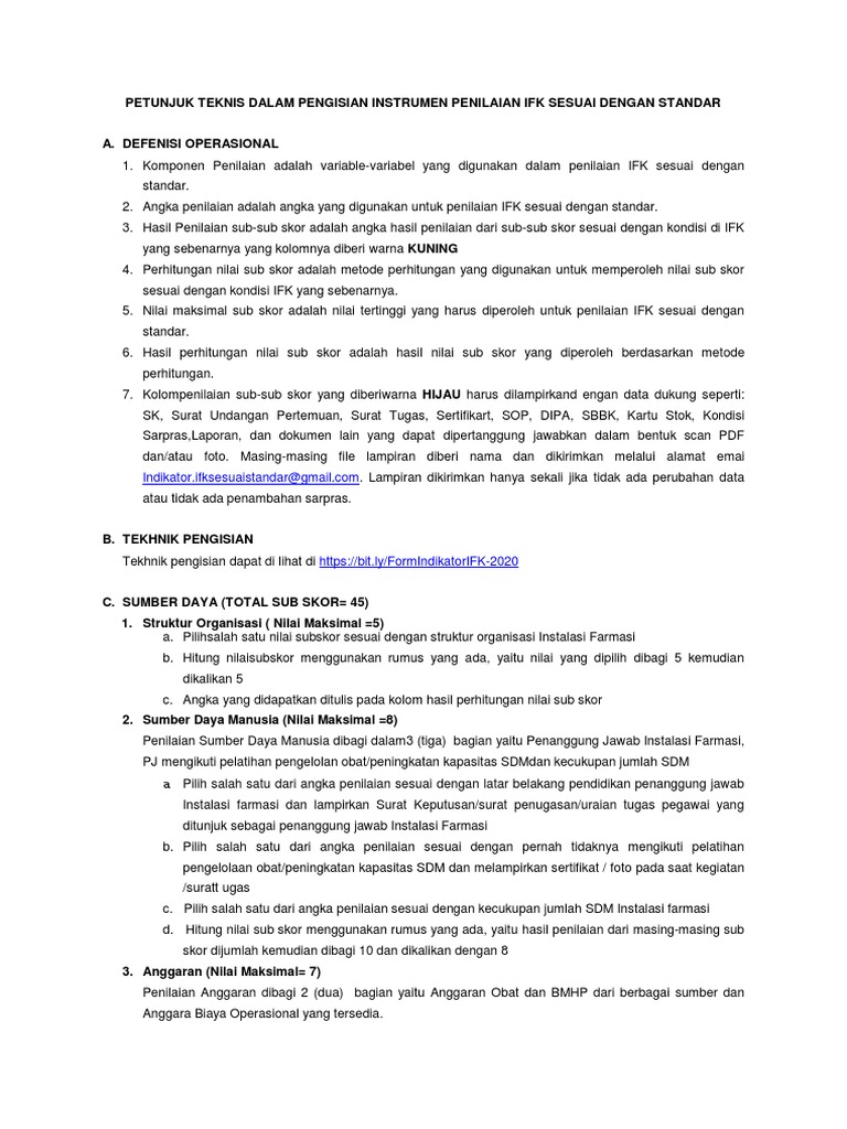 Petunjuk Pengisian Instrumen Indikator IFK | PDF