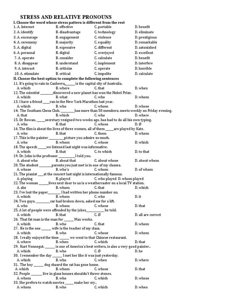 Stress and Relative Pronouns Exercises | PDF | Travel | Art