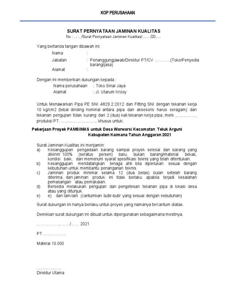 Surat Pernyataan Jaminan Kualitas | PDF