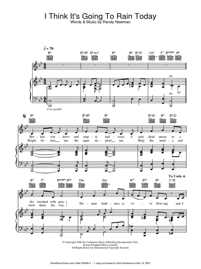 I Think It's Going To Rain Today: Words & Music by Randy Newman | PDF ...