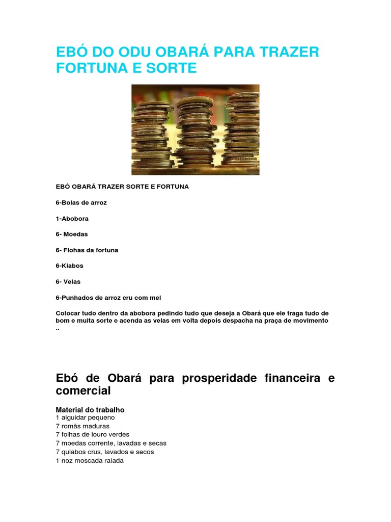 Ebo Do Odu Obara para Trazer Fortuna e Sorte | PDF | Santeria ...
