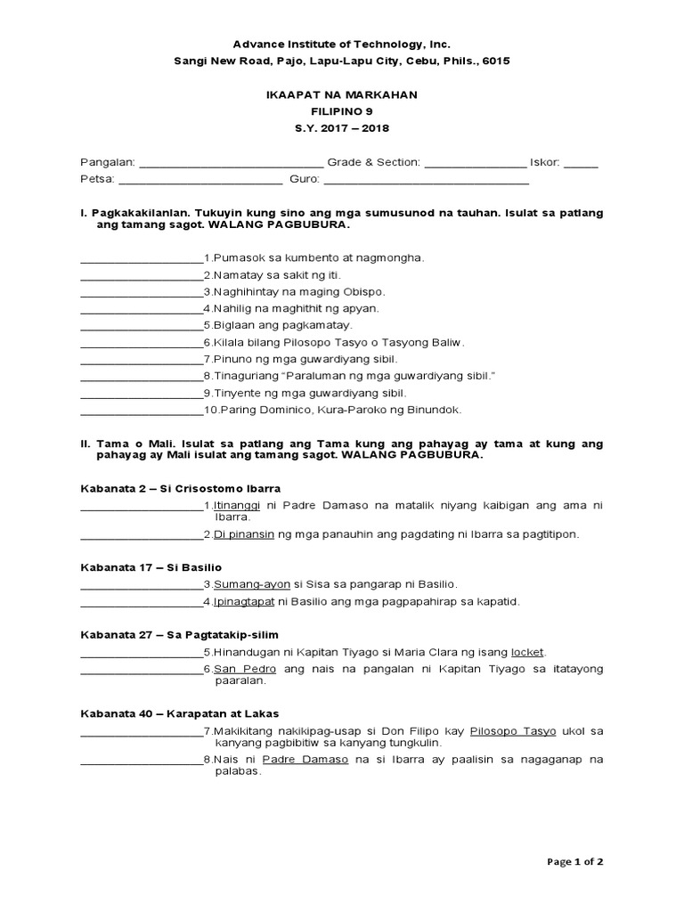 FILIPINO 9 - 4th Grading (Questionaire) | PDF