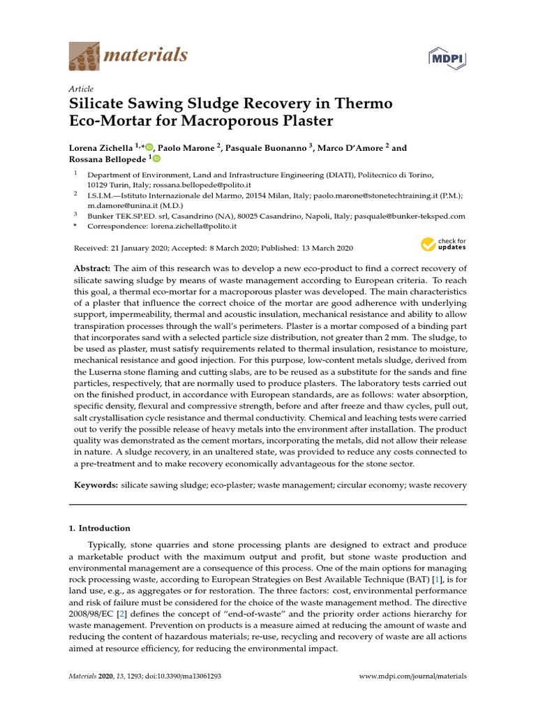 Materials: Silicate Sawing Sludge Recovery in Thermo Eco-Mortar For ...