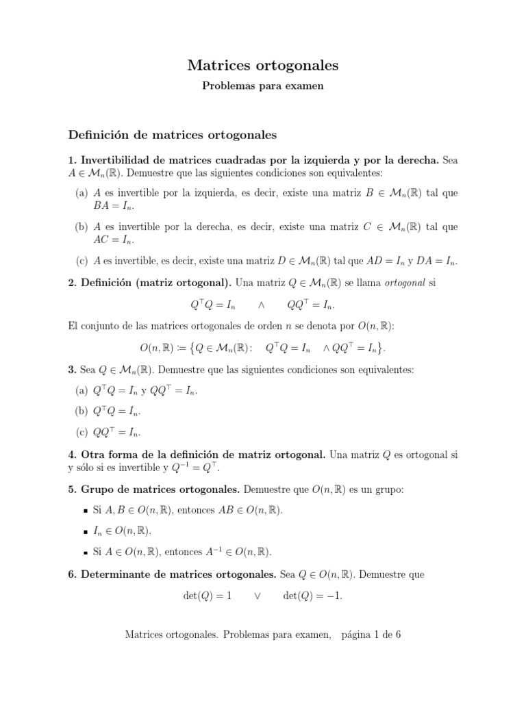 Problems Orthogonal Matrices Es | PDF | Matriz (Matemáticas) | Norma ...
