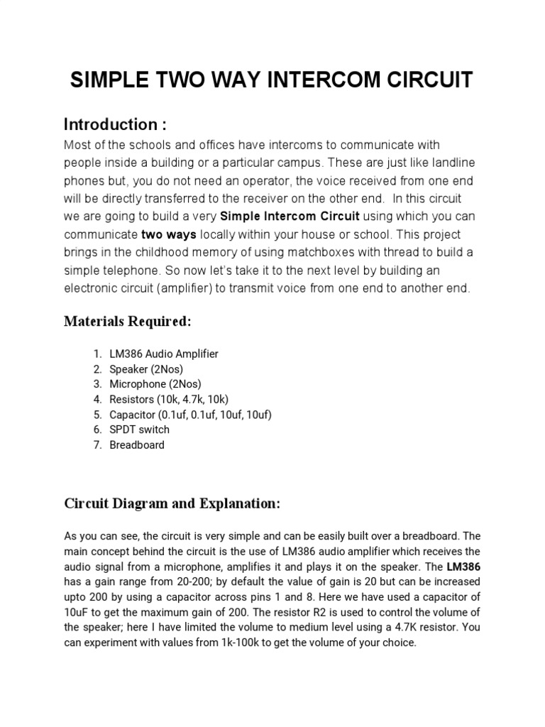 Simple Two Way Intercom Circuit: Materials Required | PDF | Electronic ...