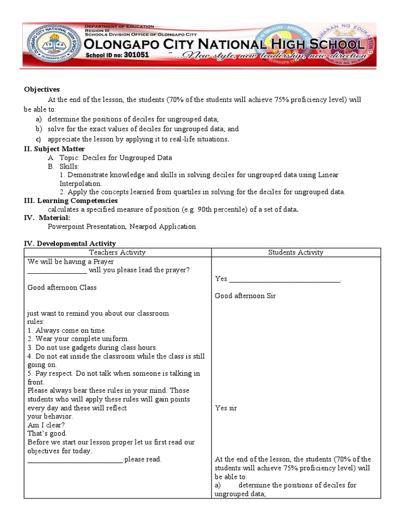 Calculating Deciles for Ungrouped Data Lesson Plan | PDF ...