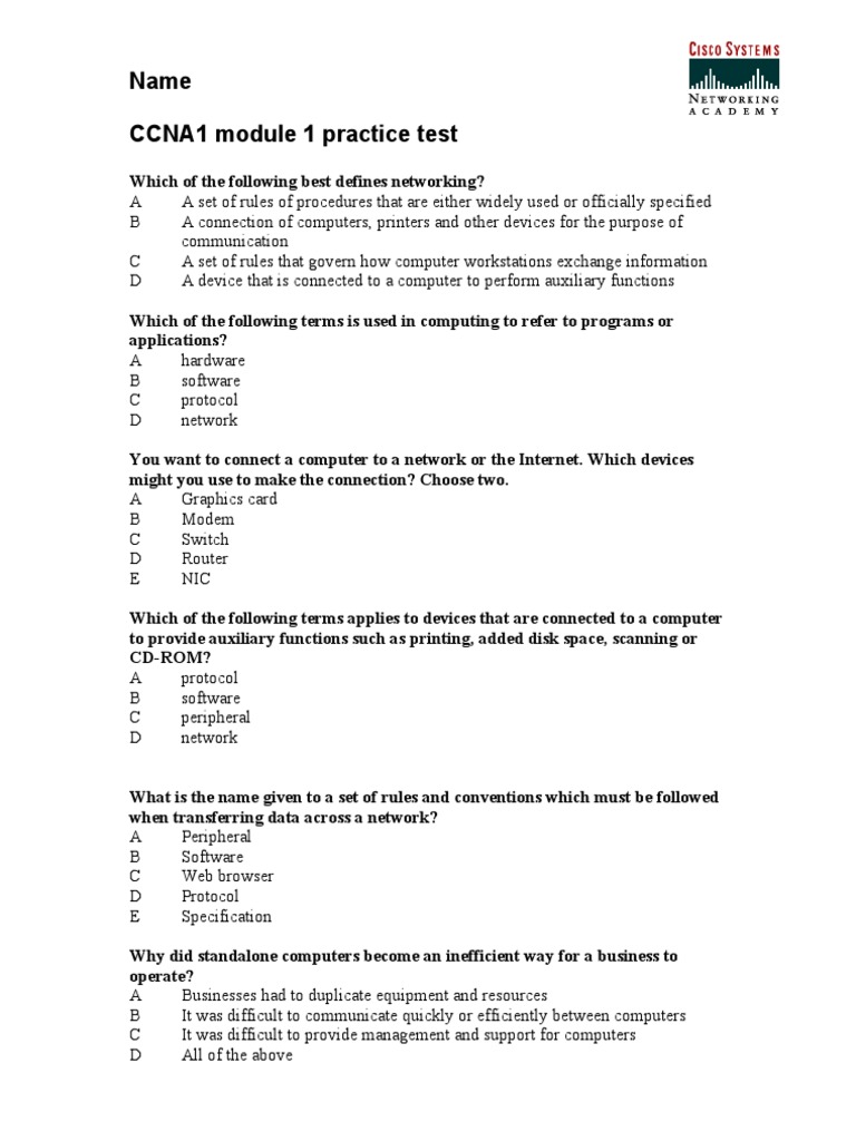 CCNA1 Module 1 Practice Test | PDF | Internet Protocol Suite | Local ...