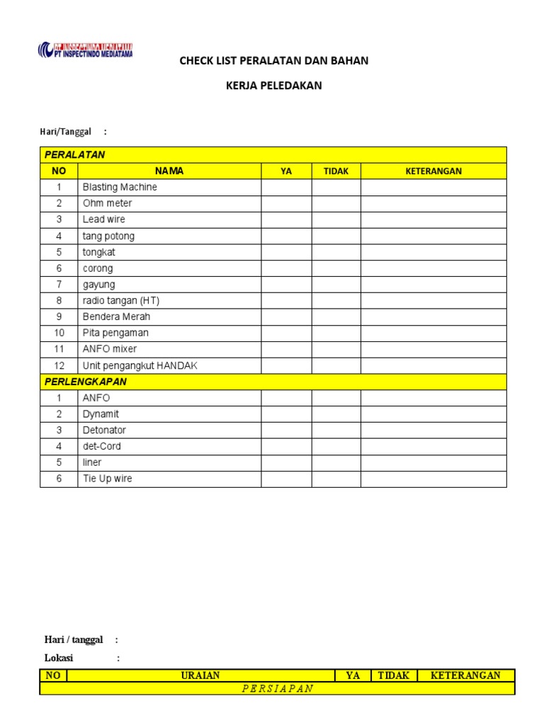 Check List Peralatan Dan Pelaksanaan Peledakan | PDF