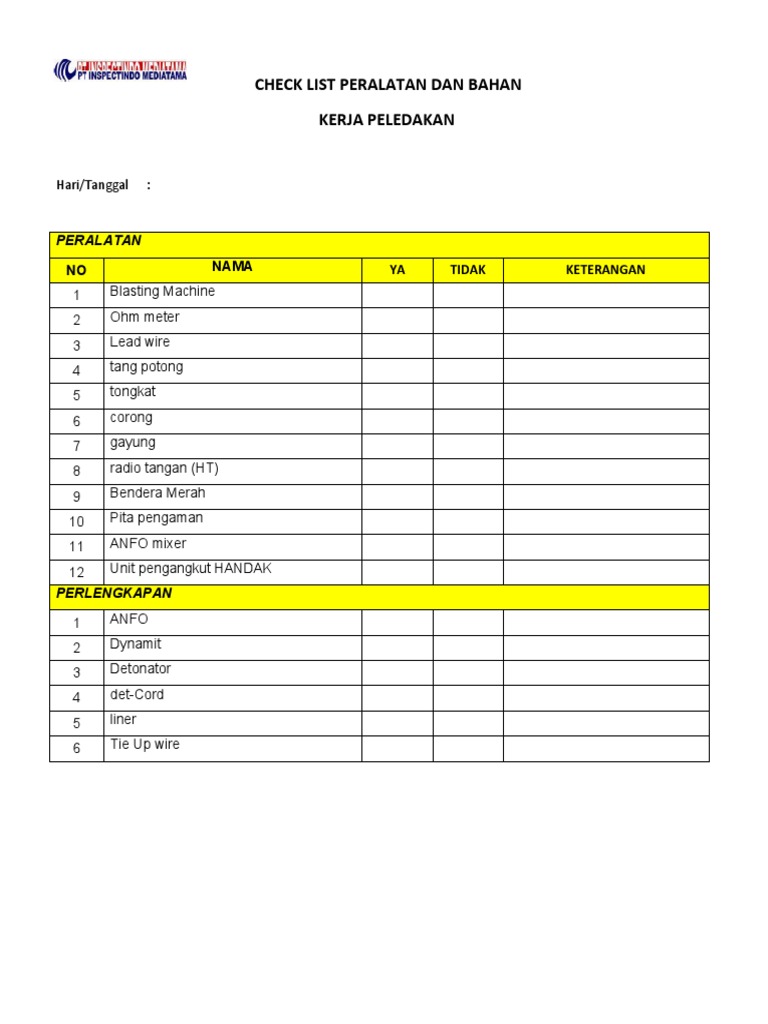 Check List Peralatan Dan Pelaksanaan Peledakan | PDF