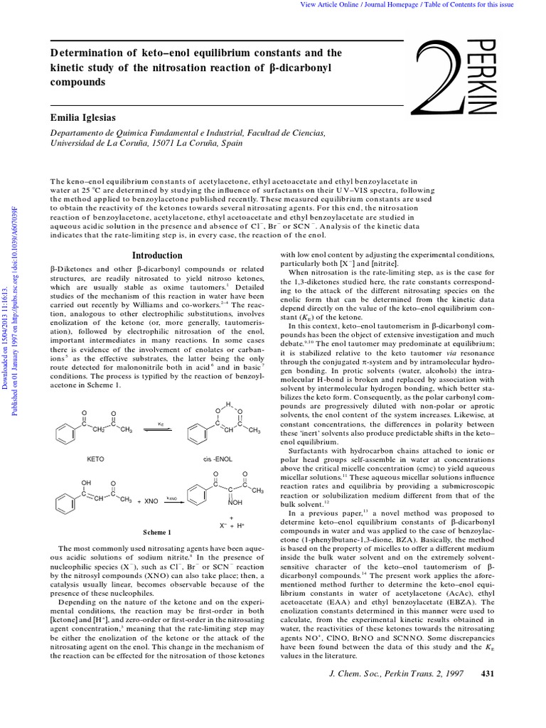 Determination of Keto-Enol Equilibrium Constants and The Kinetic Study ...