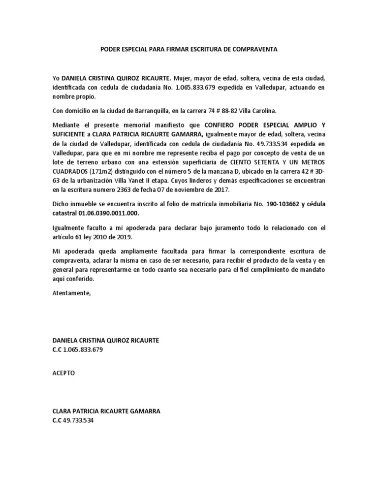 Poder Especial para Firmar Escritura de Compraventa | PDF Poder Especial para Firmar Escritura de Compraventa | PDF