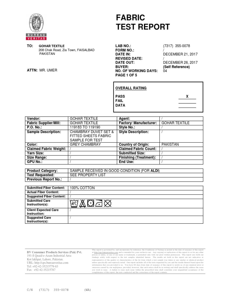 Fabric Test Report Results | PDF | Textiles | Textile And Clothing