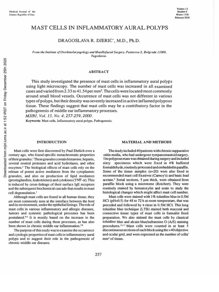 Mast Cells in Inflammatory Aural Polyps: Drago Slav A R. Djericj, M.D ...