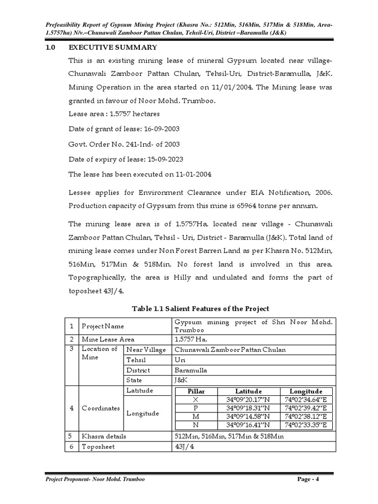 Gypsum Mining Prefeasibility Report in J&K | PDF | Drywall | Mining