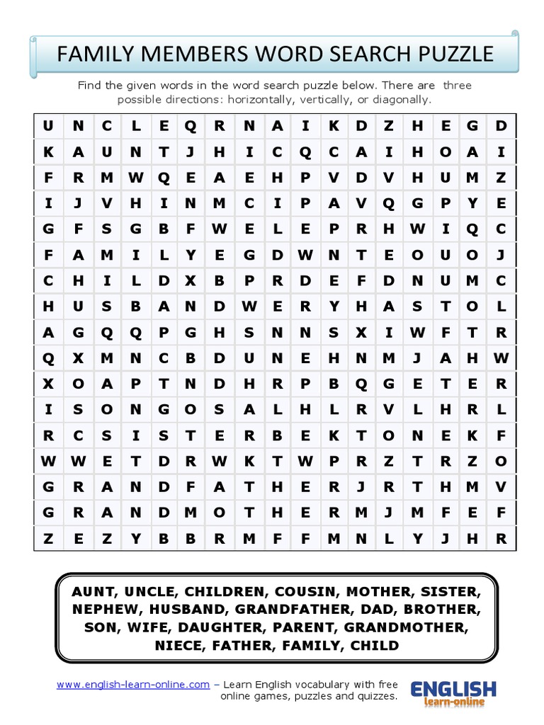 Family Members Vocabulary Word Search Puzzle Worksheet | PDF