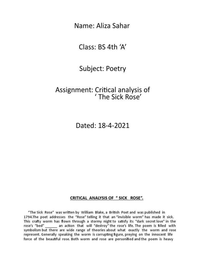 Analysis of Blake's "The Sick Rose" | PDF | William Blake | Poetry