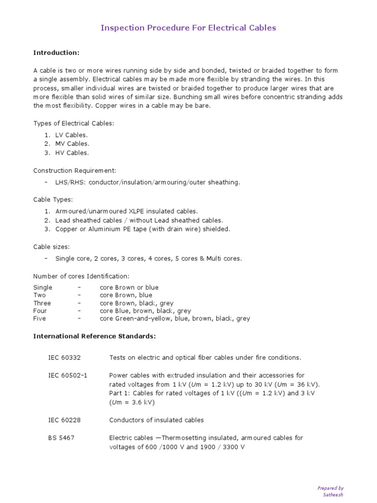 Inspection Procedure For Electrical Cables: Prepared by Satheesh | PDF ...