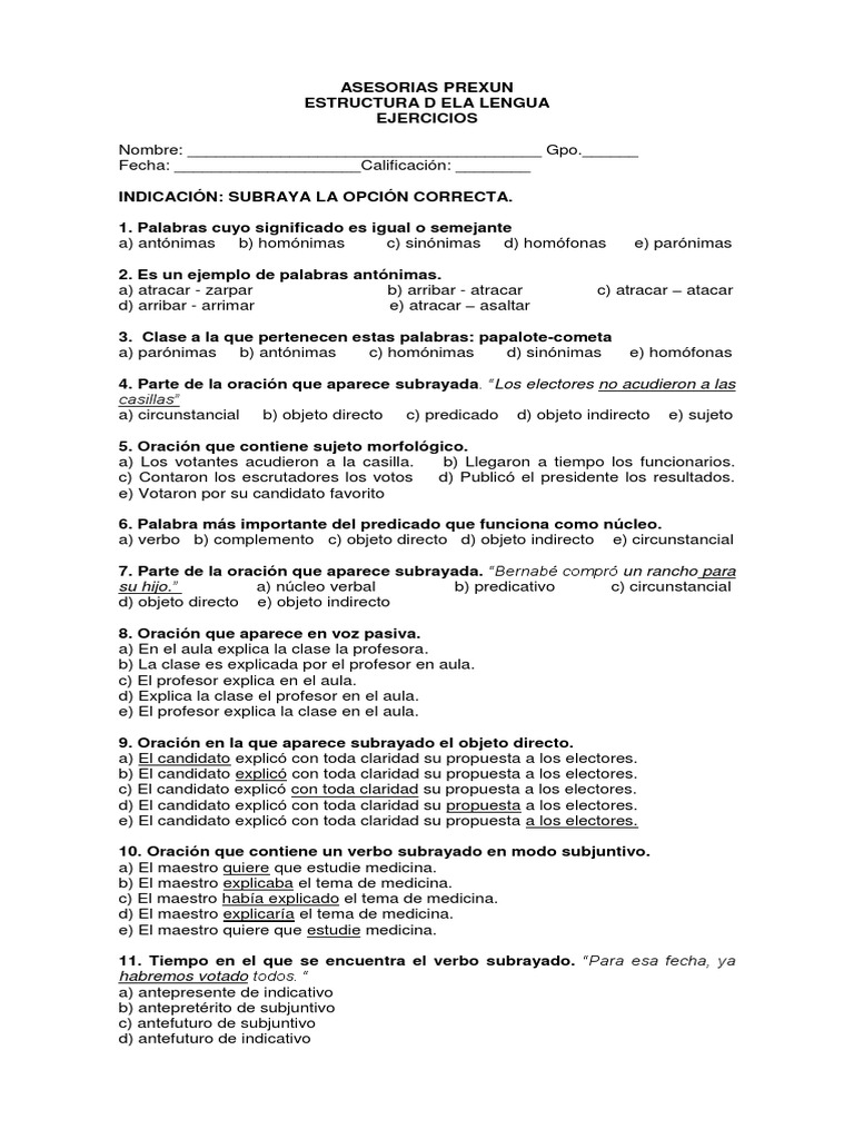 Ejercicios de Estructura Lingüística | PDF | Sustantivo | Verbo