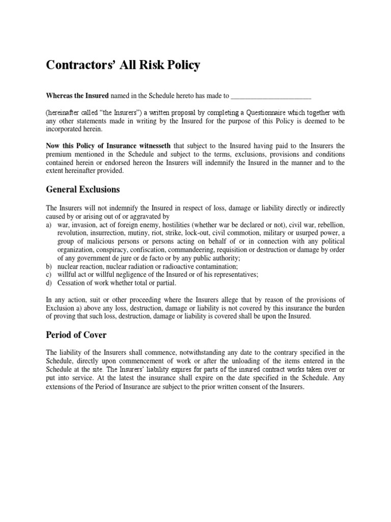 Contractors' All Risk Policy: General Exclusions | PDF | Indemnity ...