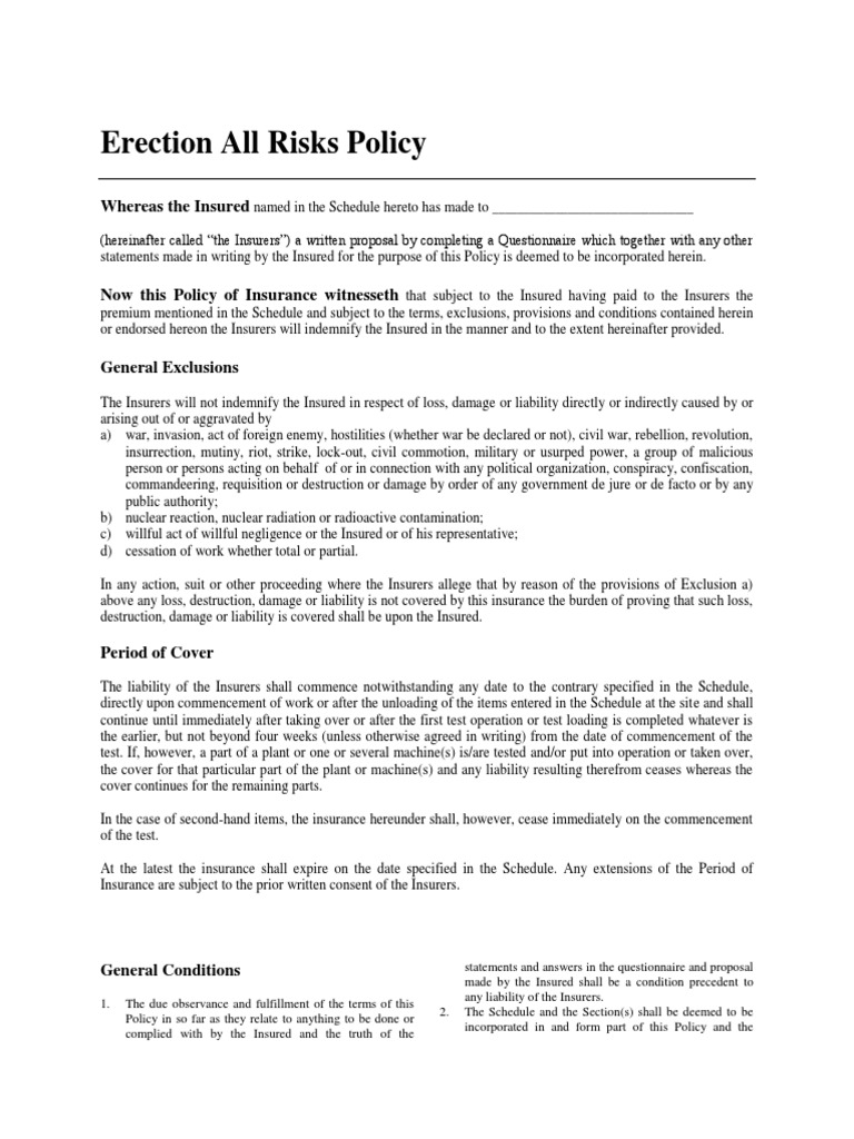 Erection All Risks | PDF | Indemnity | Liability Insurance