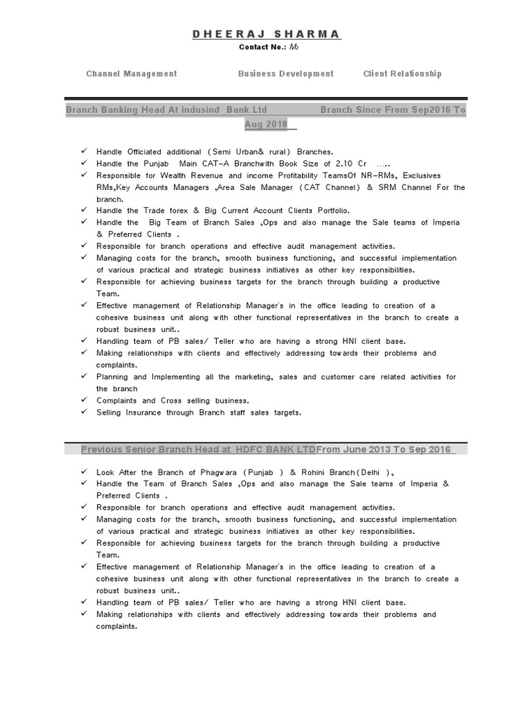 Branch Banking Head at Indusind Bank LTD Branch Since From Sep2016 To ...