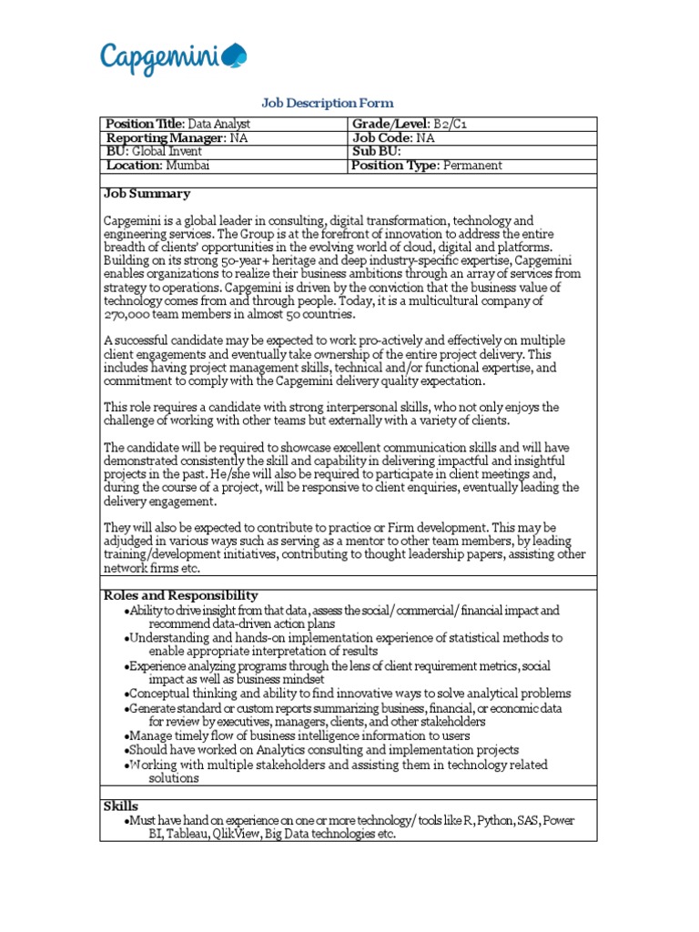 JD Data Analyst Capgemini | PDF | Business Intelligence | Big Data