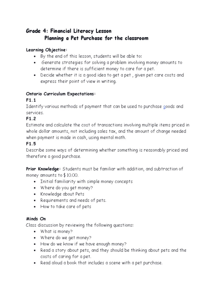 Grade 4: Financial Literacy Lesson Planning A Pet Purchase For The ...