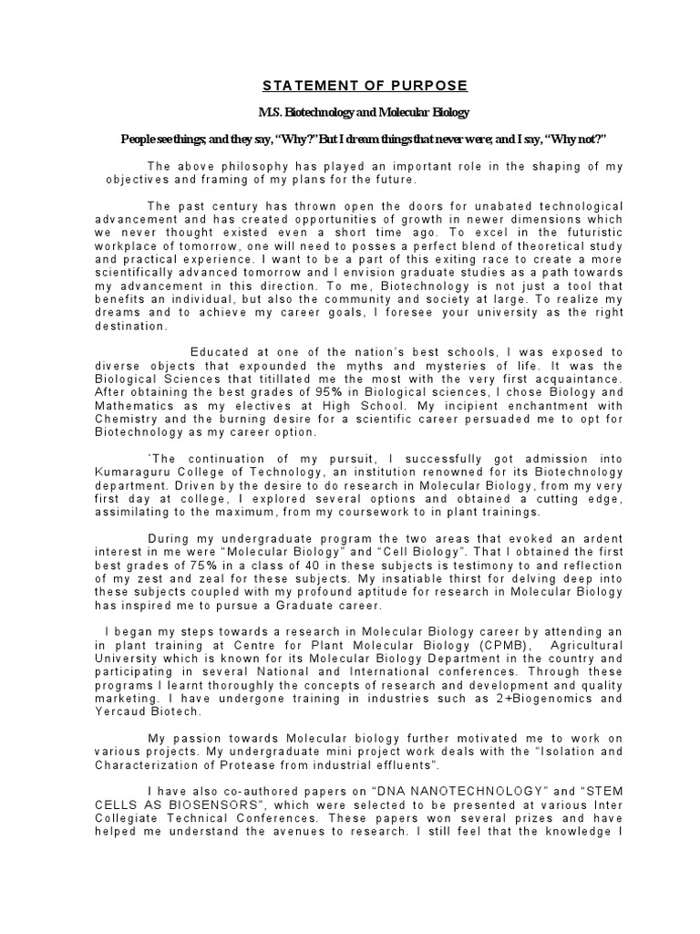 M.S. Biotechnology & Molecular Biology SOP | PDF | Nature