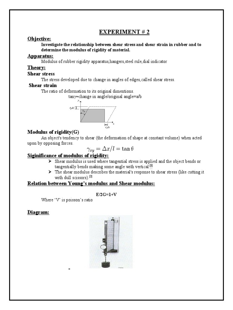 Experiment # 2: Objective: Apparatus: Theory: Shear Stress Shear Strain ...