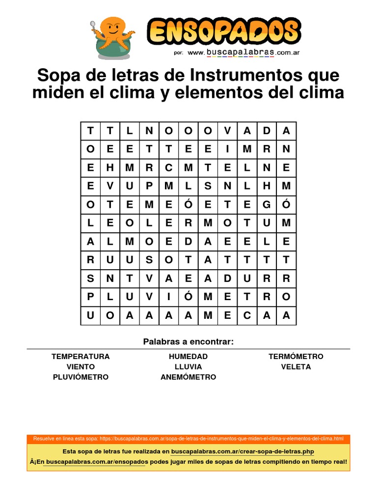 Sopa de Letras de Instrumentos Que Miden El Clima y Elementos Del Clima ...
