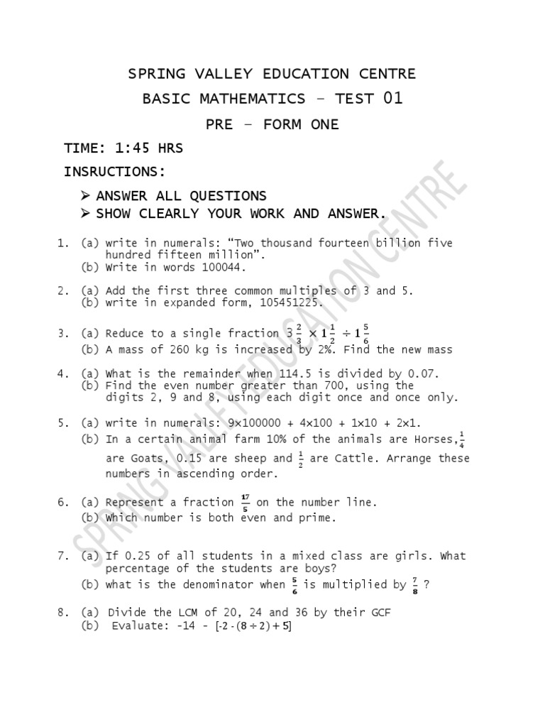 Spring Valley Education Centre Basic Mathematics - Test 01 Pre - Form ...