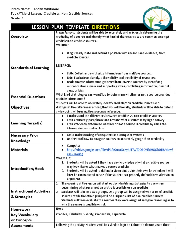 Lesson Plan VTFT Internship 2021 Credible Vs | Download Free PDF ...