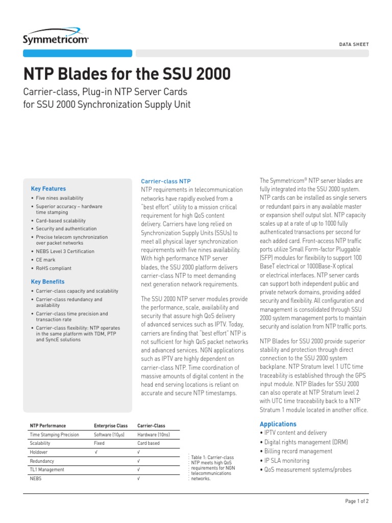 SSU 2000 NTP Blades Dat Sheet | PDF | Quality Of Service | Computer Standards