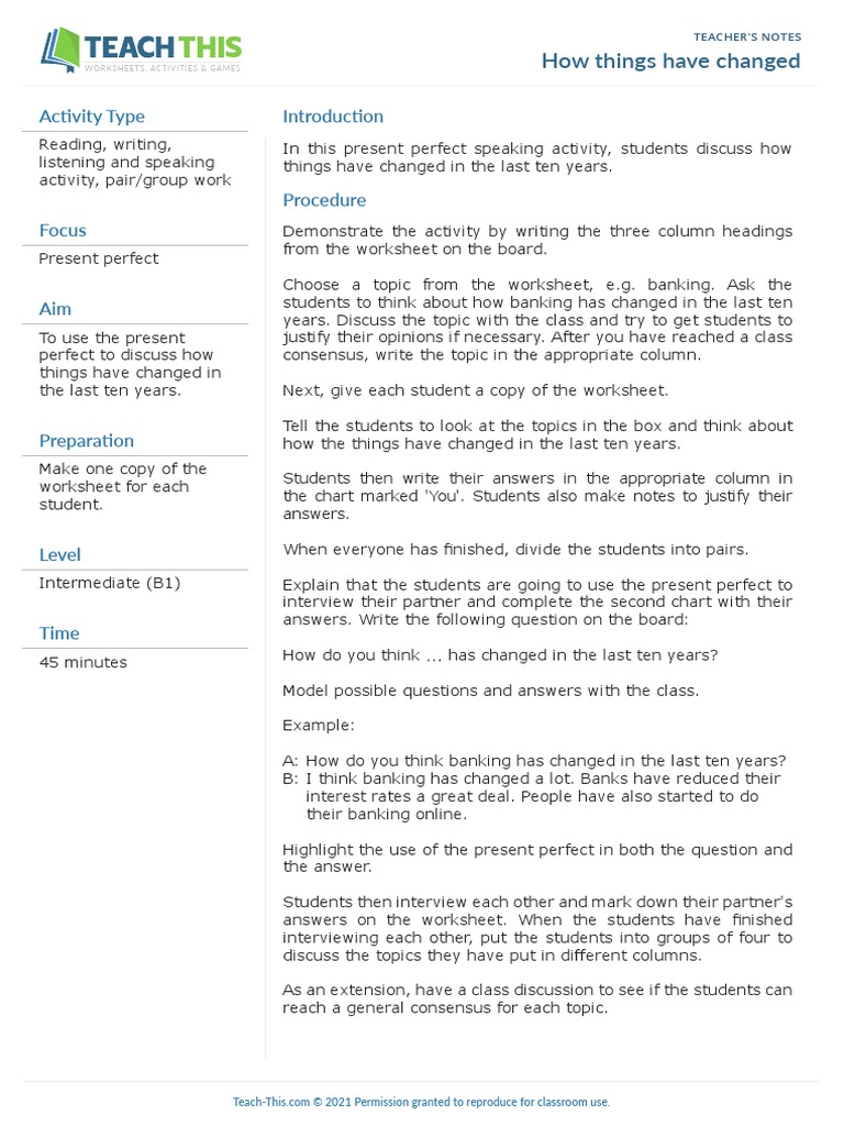 How Things Have Changed: Activity Type | PDF | Worksheet | Human Nature