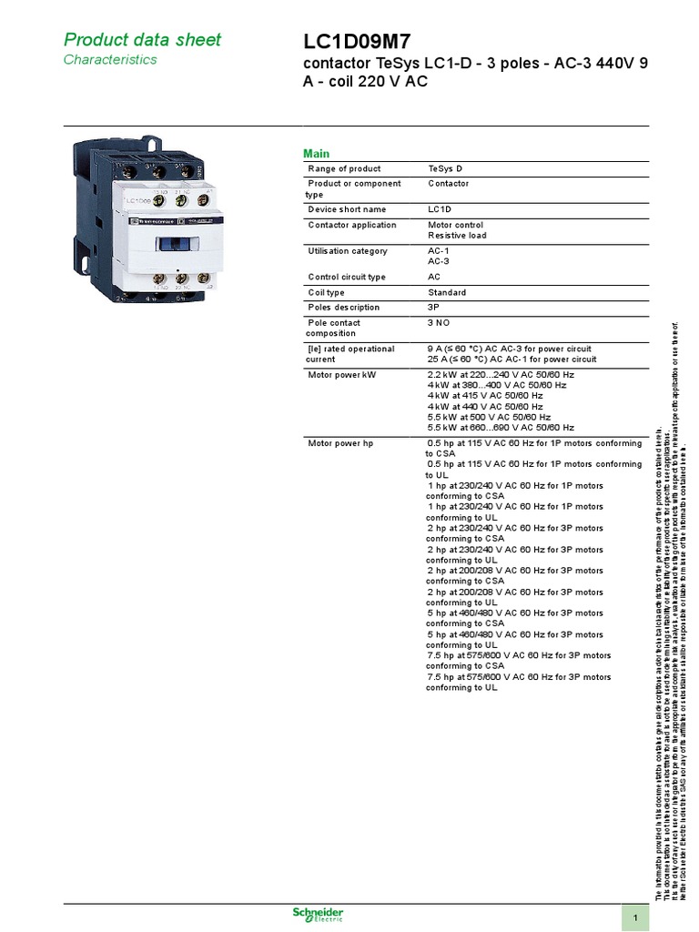 LC1D09M7 Contactor Datasheet | PDF | Alternating Current | Electric Motor