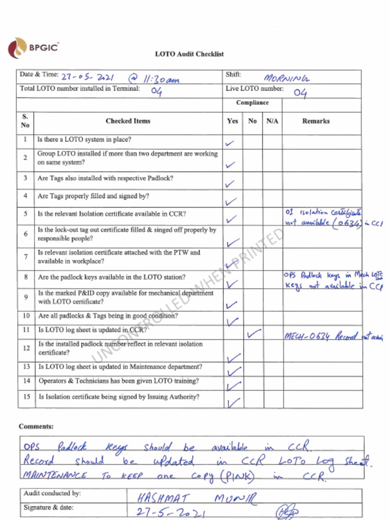 LOTO Surprise Audit Checklist | PDF