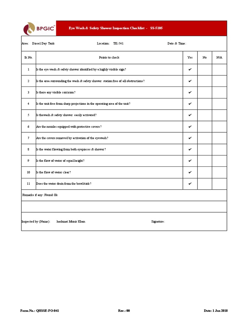 Eye Wash & Safety Shower Inspection Checklist - SS-5105: Form No ...
