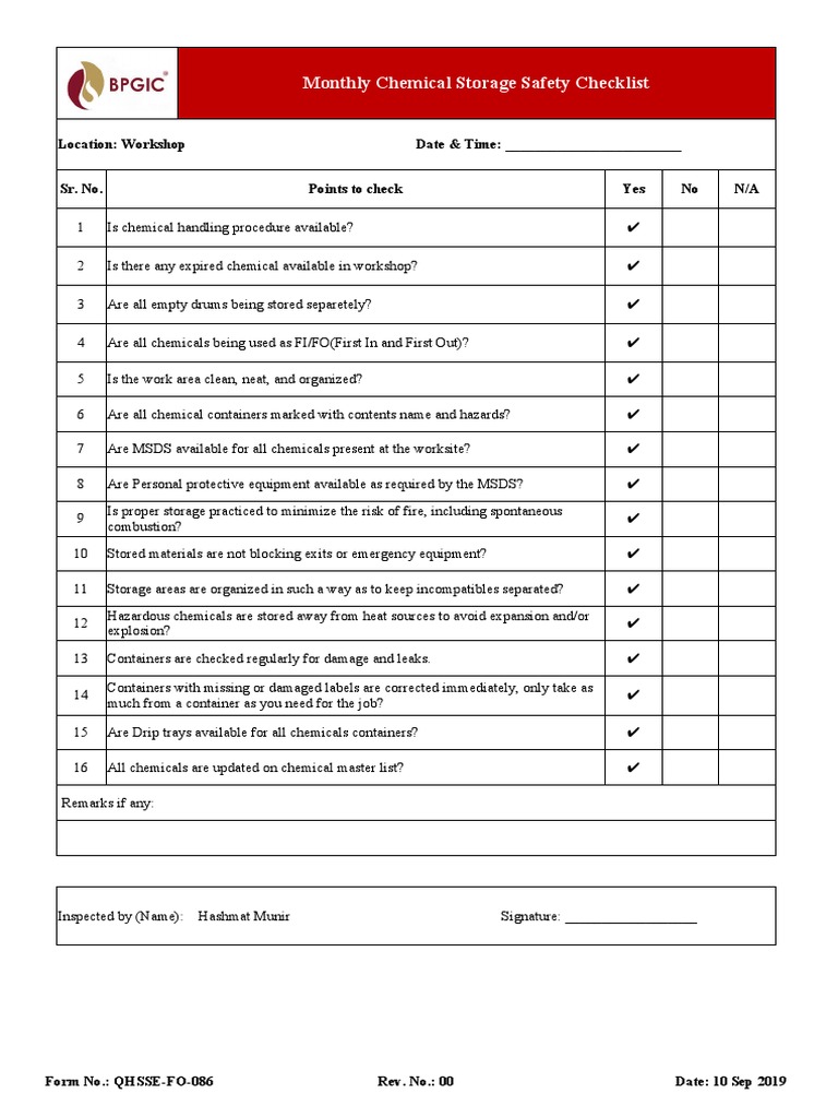 Chemical Storage Safety Checklist | PDF | Prevention | Working Conditions