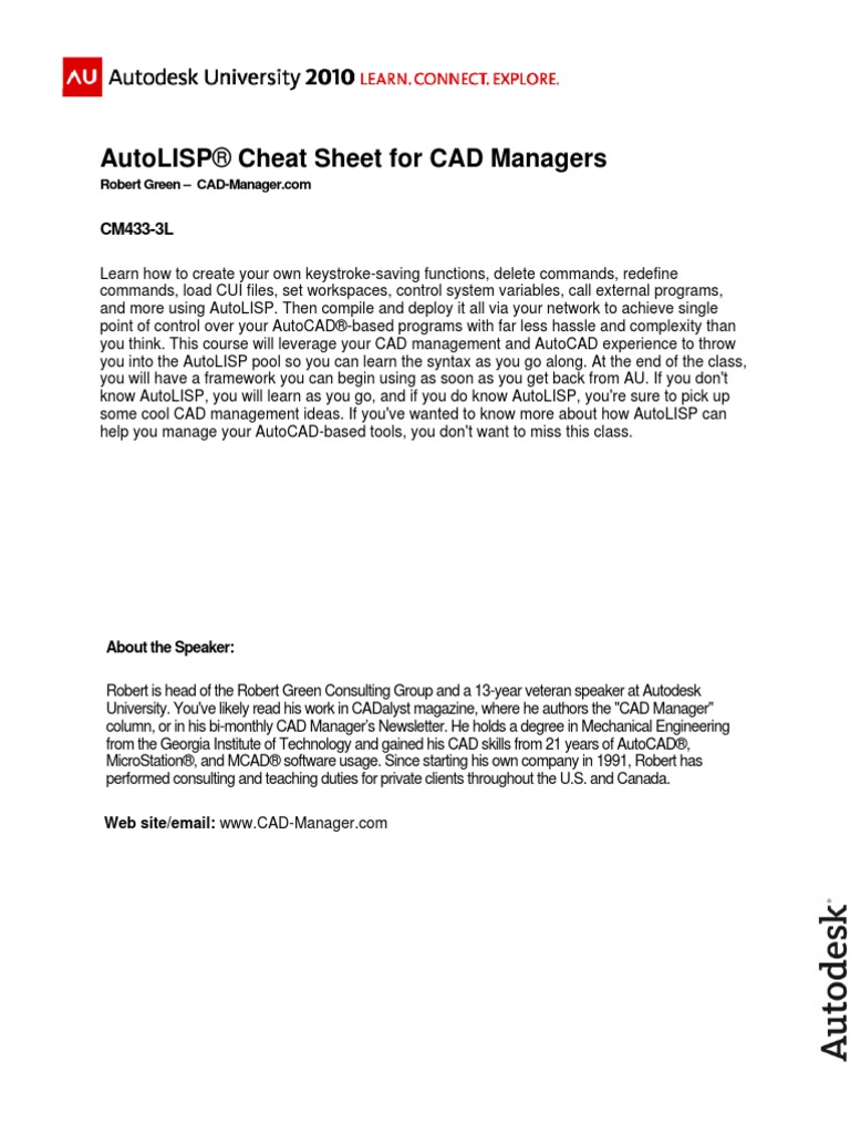 AutoLISP Cheat Sheet For CAD Managers Handout | PDF | Computing | Computer Programming