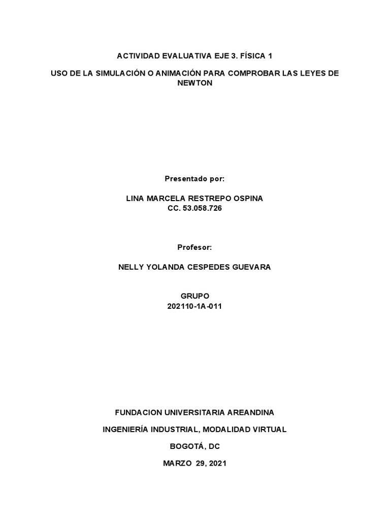 Actividad Evaluativa Eje 3 Fisica 1 Lina Restrepo | PDF | Las leyes del movimiento de Newton ...