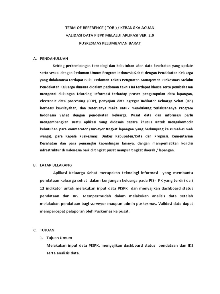 TOR Validasi Data PISPK | PDF