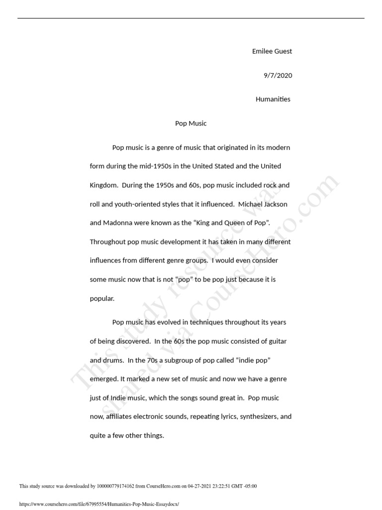 Humanities Pop Music Essay | PDF