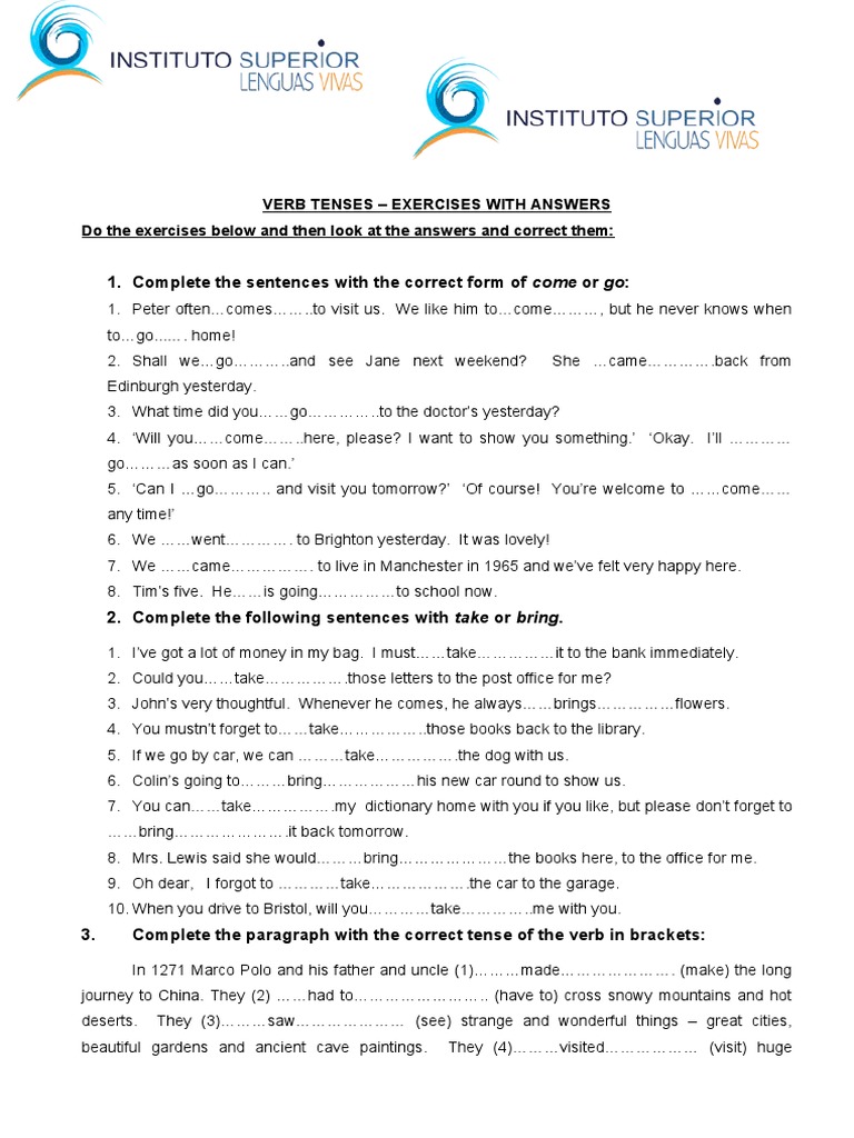 Exercises On VERB TENSES. With Answers | PDF | Dyslexia